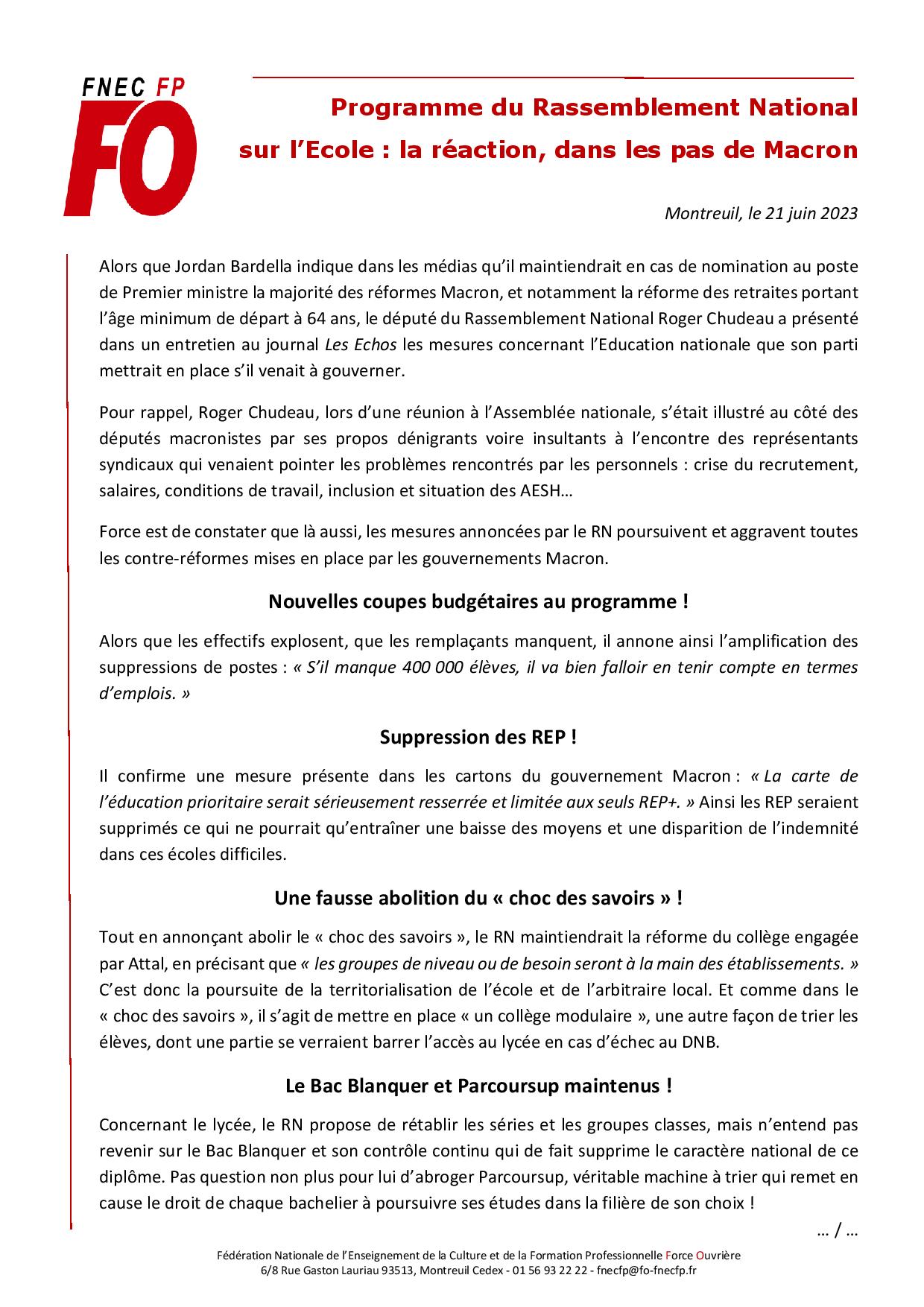Programme du Rassemblement National sur l’Ecole : la réaction, dans les ...